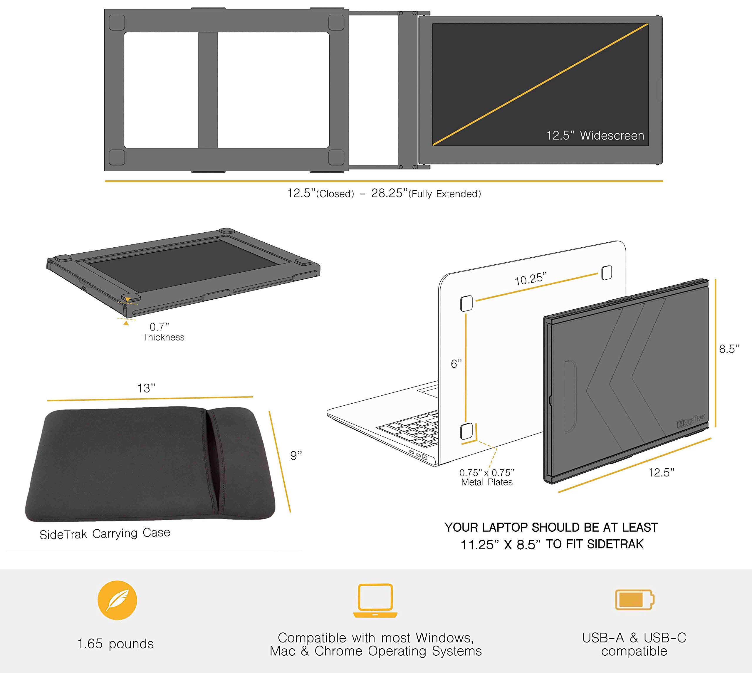 SideTrak Slide Portable Monitor 12.5" Screen with Carrying Case - Attaches to Your Laptop for Easy Travel - Efficient USB Power - Fits Mac and PC 13"-17" Laptops - Full HD IPS Display (Patent Pending)