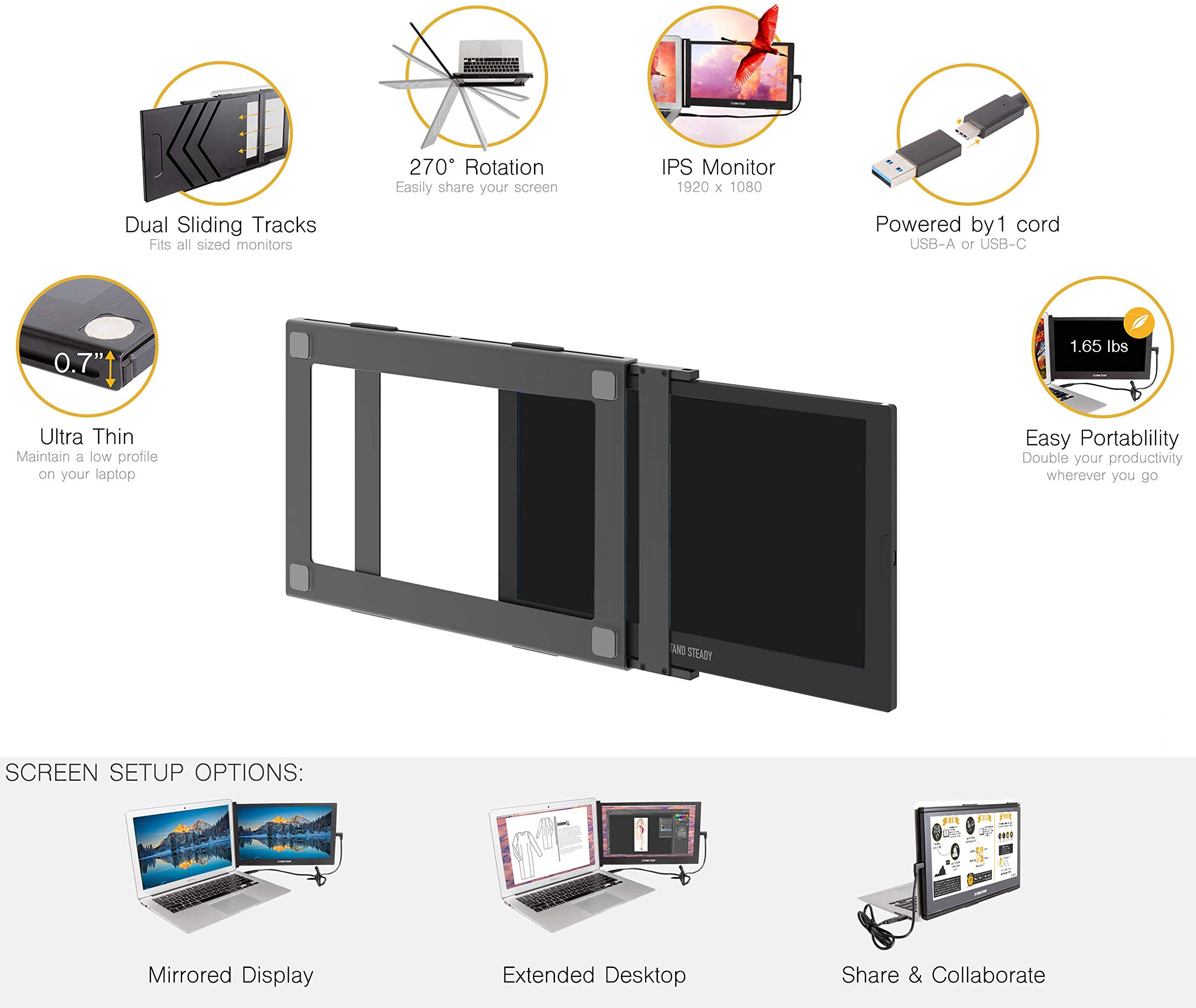 SideTrak Slide Portable Monitor 12.5" Screen with Carrying Case - Attaches to Your Laptop for Easy Travel - Efficient USB Power - Fits Mac and PC 13"-17" Laptops - Full HD IPS Display (Patent Pending)