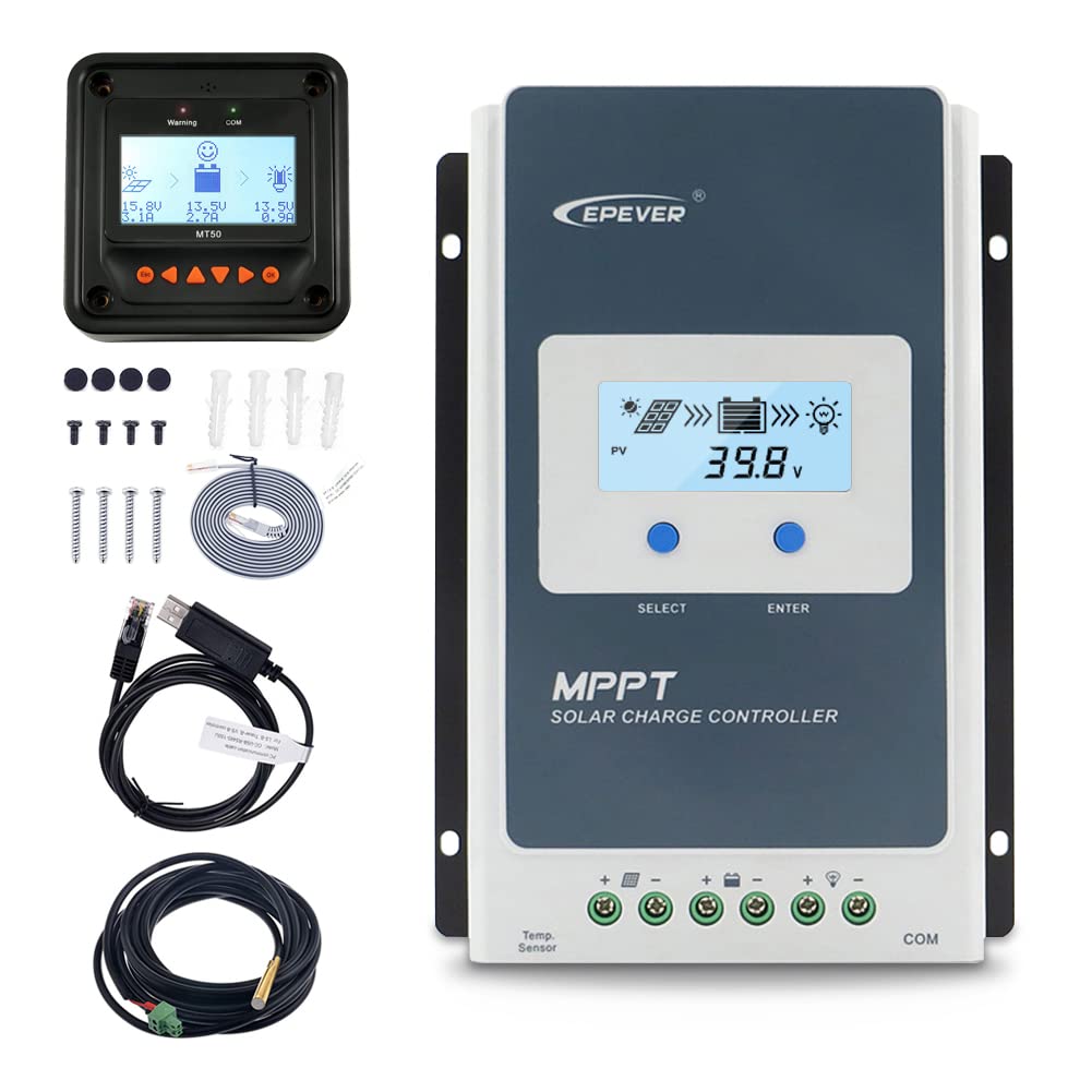 EPEVER 40A Solar Charge Controller MPPT 12V / 24V Auto Max.PV 100V Input Negative Ground Solar Panel Charge Regulator with MT50 Remote Meter Temperature Sensor RTS & PC Communication Cable RS485