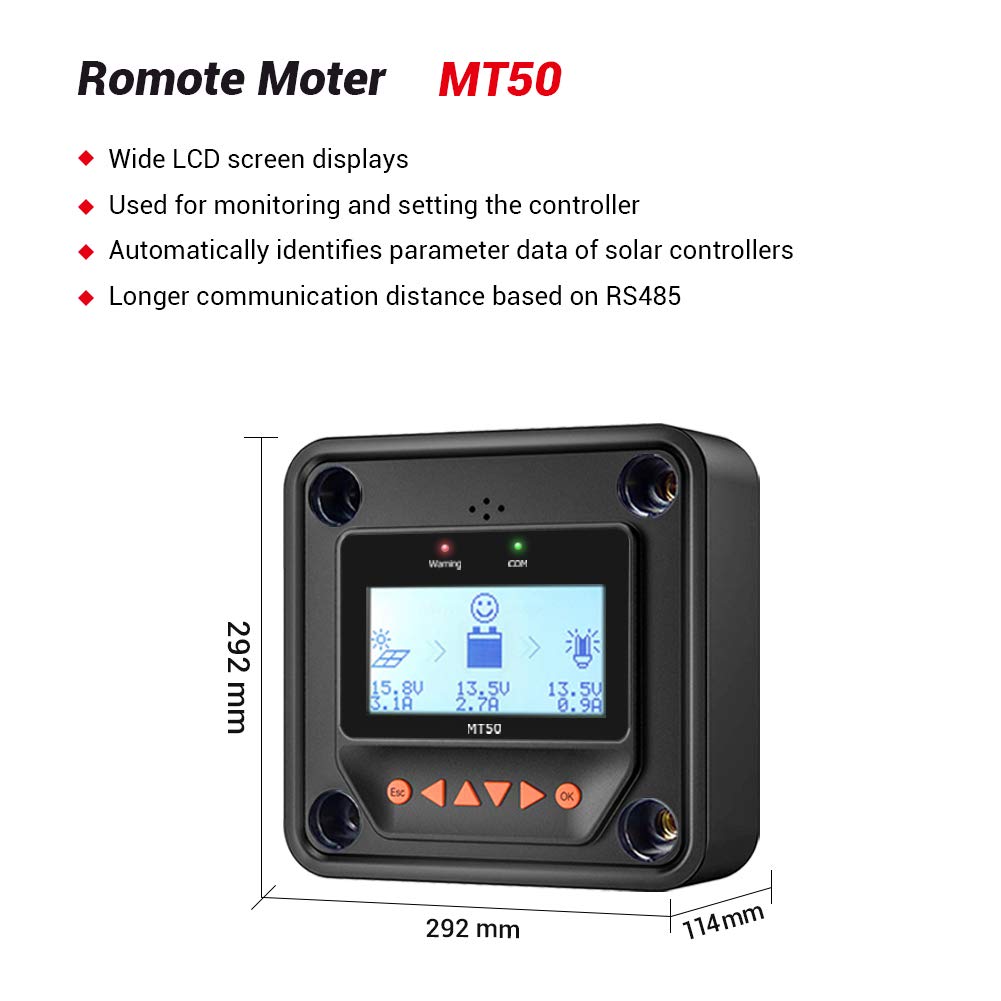 EPEVER 40A Solar Charge Controller MPPT 12V / 24V Auto Max.PV 100V Input Negative Ground Solar Panel Charge Regulator with MT50 Remote Meter Temperature Sensor RTS & PC Communication Cable RS485