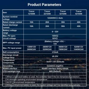 EPEVER 40A Solar Charge Controller MPPT 12V / 24V Auto Max.PV 100V Input Negative Ground Solar Panel Charge Regulator with MT50 Remote Meter Temperature Sensor RTS & PC Communication Cable RS485