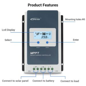 EPEVER 40A Solar Charge Controller MPPT 12V / 24V Auto Max.PV 100V Input Negative Ground Solar Panel Charge Regulator with MT50 Remote Meter Temperature Sensor RTS & PC Communication Cable RS485