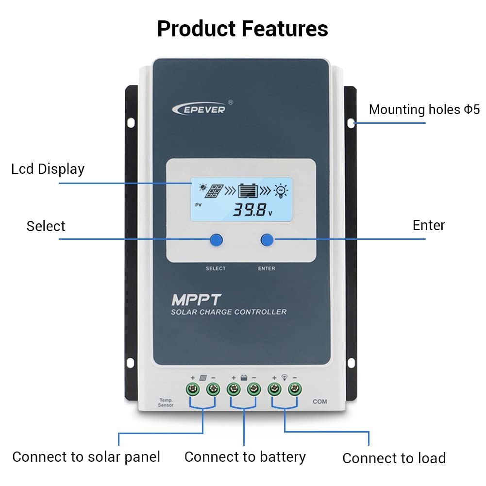 EPEVER 40A Solar Charge Controller MPPT 12V / 24V Auto Max.PV 100V Input Negative Ground Solar Panel Charge Regulator with MT50 Remote Meter Temperature Sensor RTS & PC Communication Cable RS485