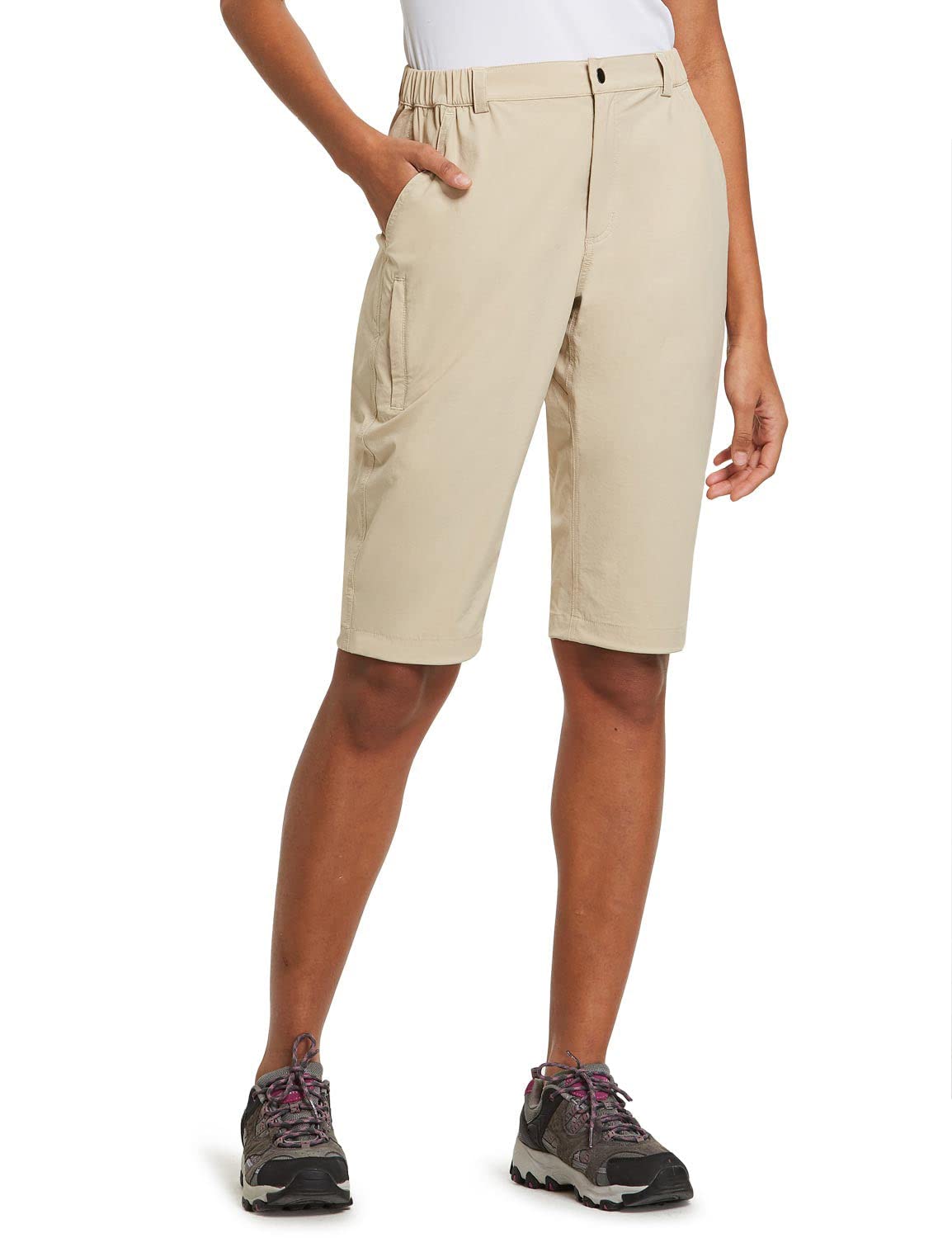 BALEAF Women's Bermuda Khaki Shorts Bermuda Hiking Long Quick Dry Elastic Waist for Work, Camping, Travel Size L