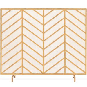 best choice products 38x31in single panel handcrafted wrought iron mesh chevron fireplace screen, fire spark guard for living room, bedroom décor w/distressed antique finish - gold