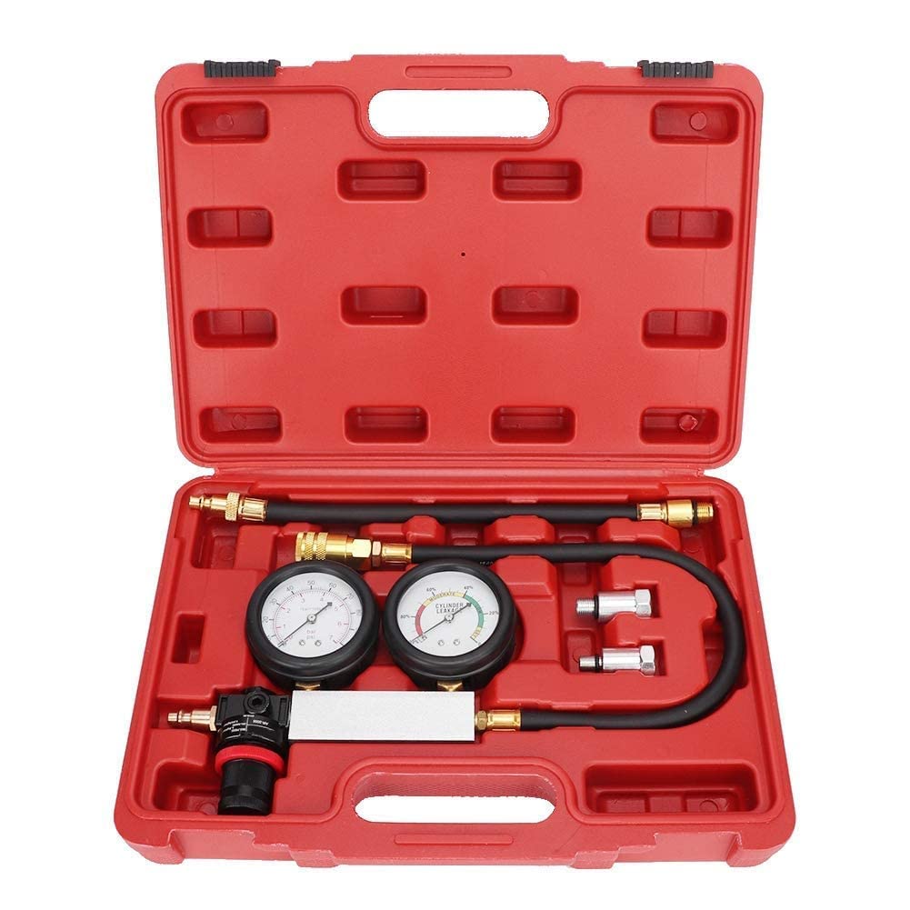 Cylinder Leakage Detector, Dual Pressure Gauges Engine Compression Leakdown Detector Tester Kit for Piston, Valve, Head Gasket Diagnosis Leakage Test Set, with Spark Plugs