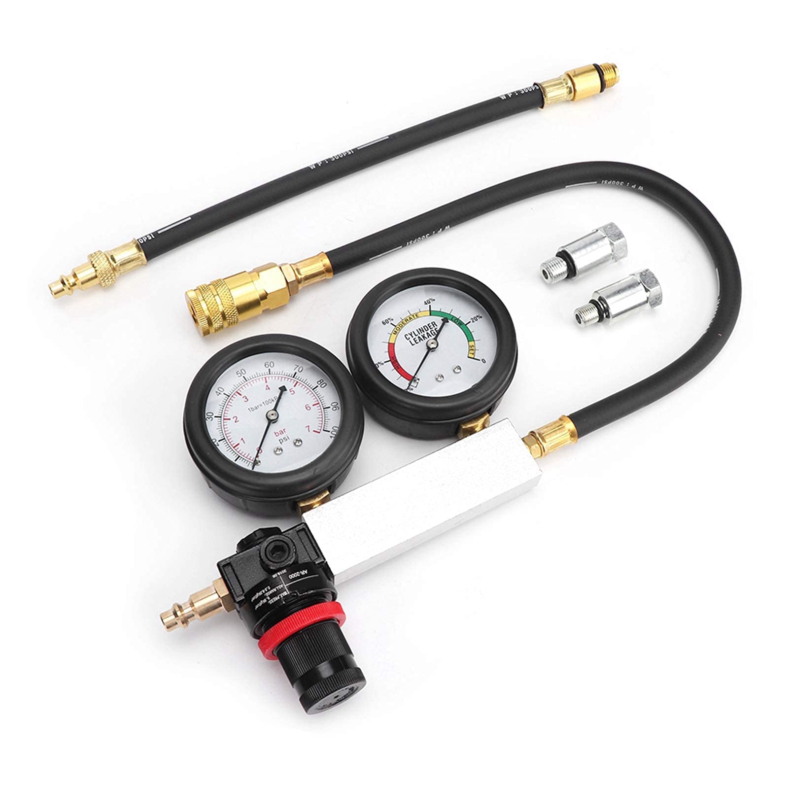 Cylinder Leakage Detector, Dual Pressure Gauges Engine Compression Leakdown Detector Tester Kit for Piston, Valve, Head Gasket Diagnosis Leakage Test Set, with Spark Plugs