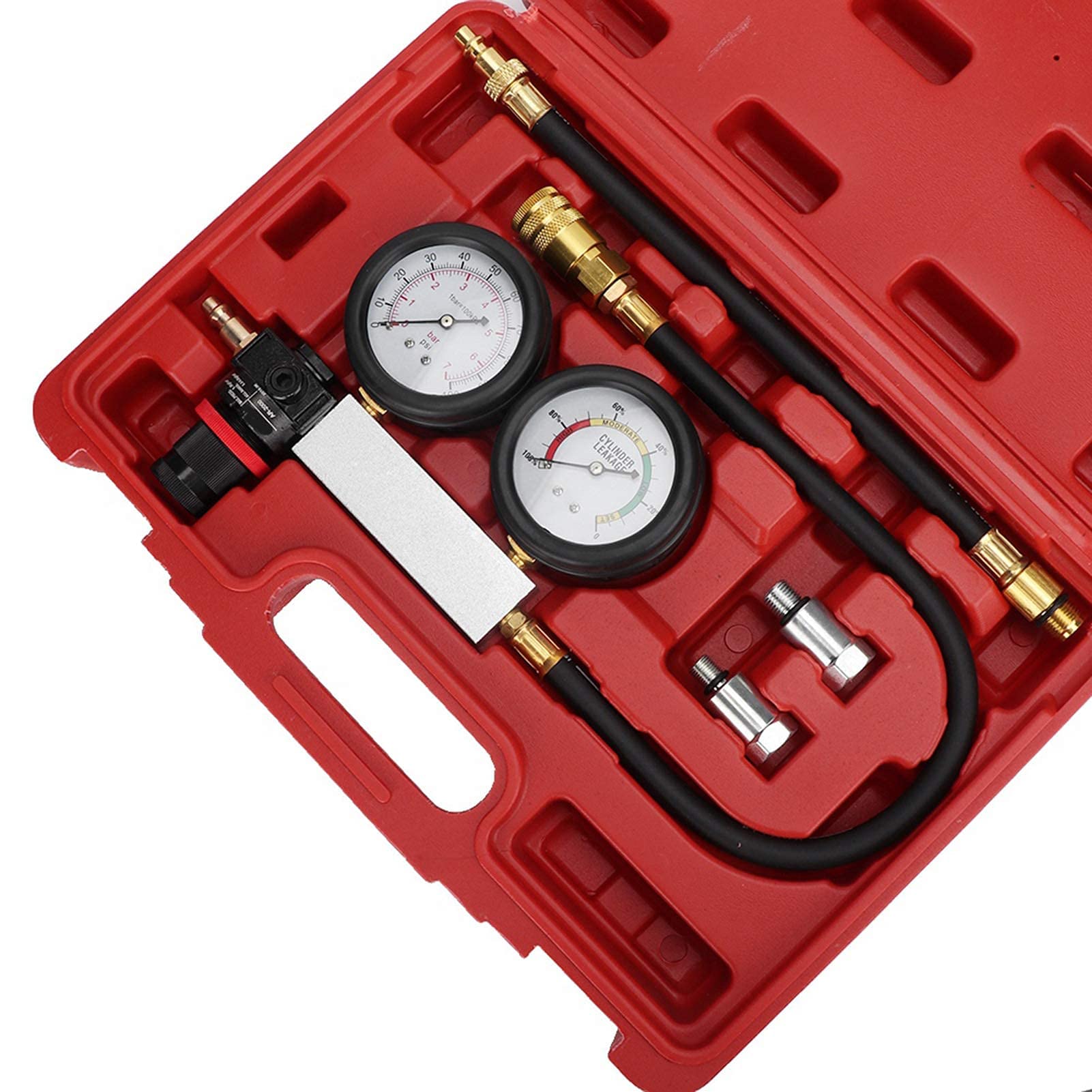 Cylinder Leakage Detector, Dual Pressure Gauges Engine Compression Leakdown Detector Tester Kit for Piston, Valve, Head Gasket Diagnosis Leakage Test Set, with Spark Plugs