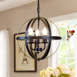 dllt chandelier farmhouse hanging lighting, 3 lights globe ceiling light fixture, metal swag pendant lighting for kitchen, dining room, living room, hallway, bedroom, entryway, e12 base gold