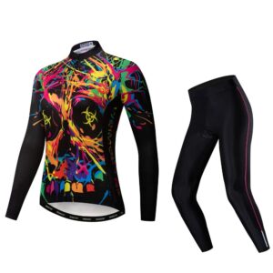 women's cycling jersey set long sleeve bike bicycle riding outdoor jacket + pants suit eye gold black xl