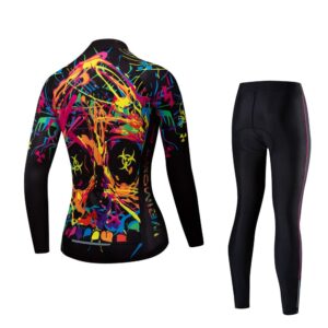 Women's Cycling Jersey Set Long Sleeve Bike Bicycle Riding Outdoor Jacket + Pants Suit Eye Gold Black XL