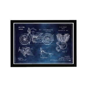 wynwood studio transportation framed wall art prints 'harley engine 1923 set horiz chalkboard' motorcycles home décor, 19" x 13", blue, white