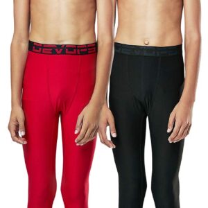 DEVOPS Boys 2-Pack UPF 50+ Compression Tights Sport Leggings Baselayer Pants (Large, Black/Red)