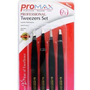 ProMax Care EyeBrow 4-piece Tweezers Set - Stainless Steel Slant Tip and Pointed Eyebrow Tweezer Set - Great Precision for Facial Hair, Ingrown Hair, Splinter, Blackhead and Tick Remover - 40-9049B4P