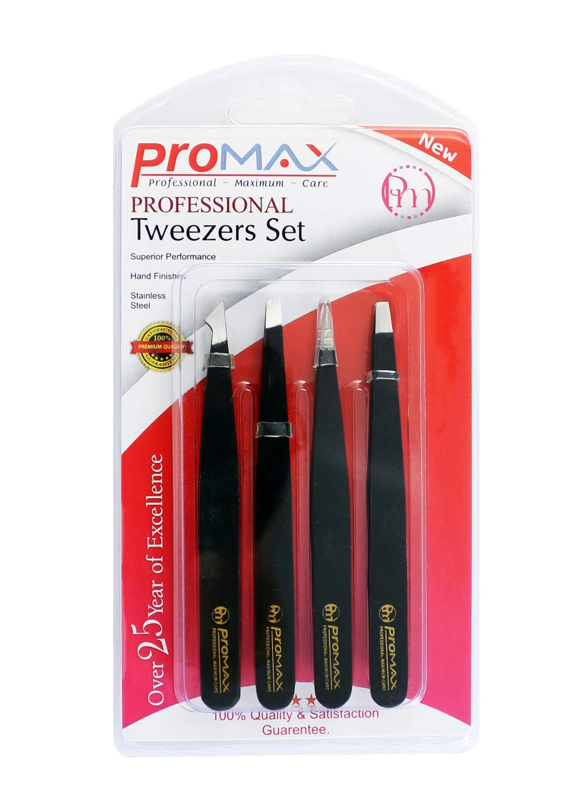 ProMax Care EyeBrow 4-piece Tweezers Set - Stainless Steel Slant Tip and Pointed Eyebrow Tweezer Set - Great Precision for Facial Hair, Ingrown Hair, Splinter, Blackhead and Tick Remover - 40-9049B4P