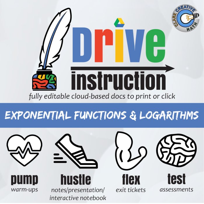 Drive Instruction - Exponential Functions & Logarithms - EDITABLE Slide, Notes+++