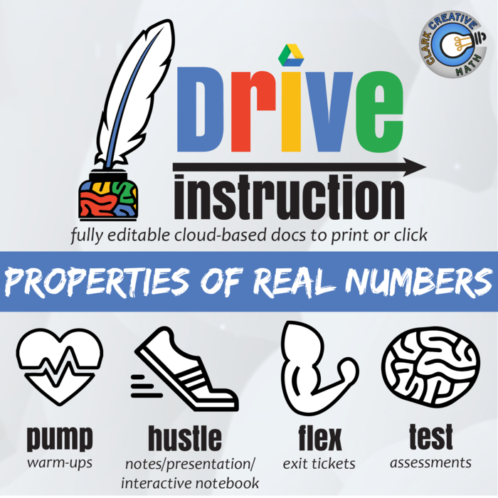 Drive Instruction - Properties of Real Numbers - EDITABLE Slides, Notes & Tests+++