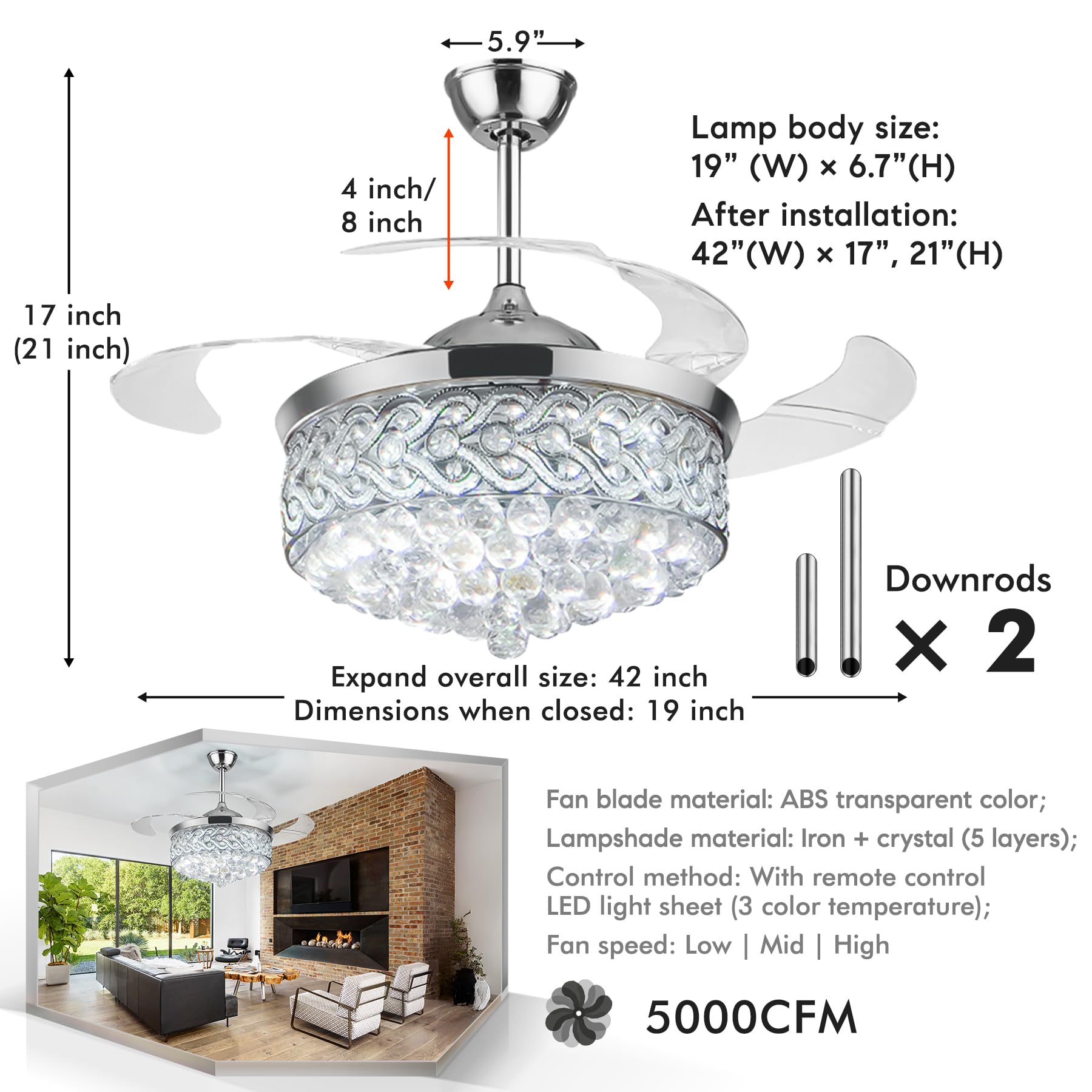 KPIBEST 42 inch Crystal Ceiling Fan with Lights and Remote Control 3 Light Level, Modern Luxury Chandelier Fans Lighting with 3 Speeds and Retractable Blades for Dining/Living Room Bedroom