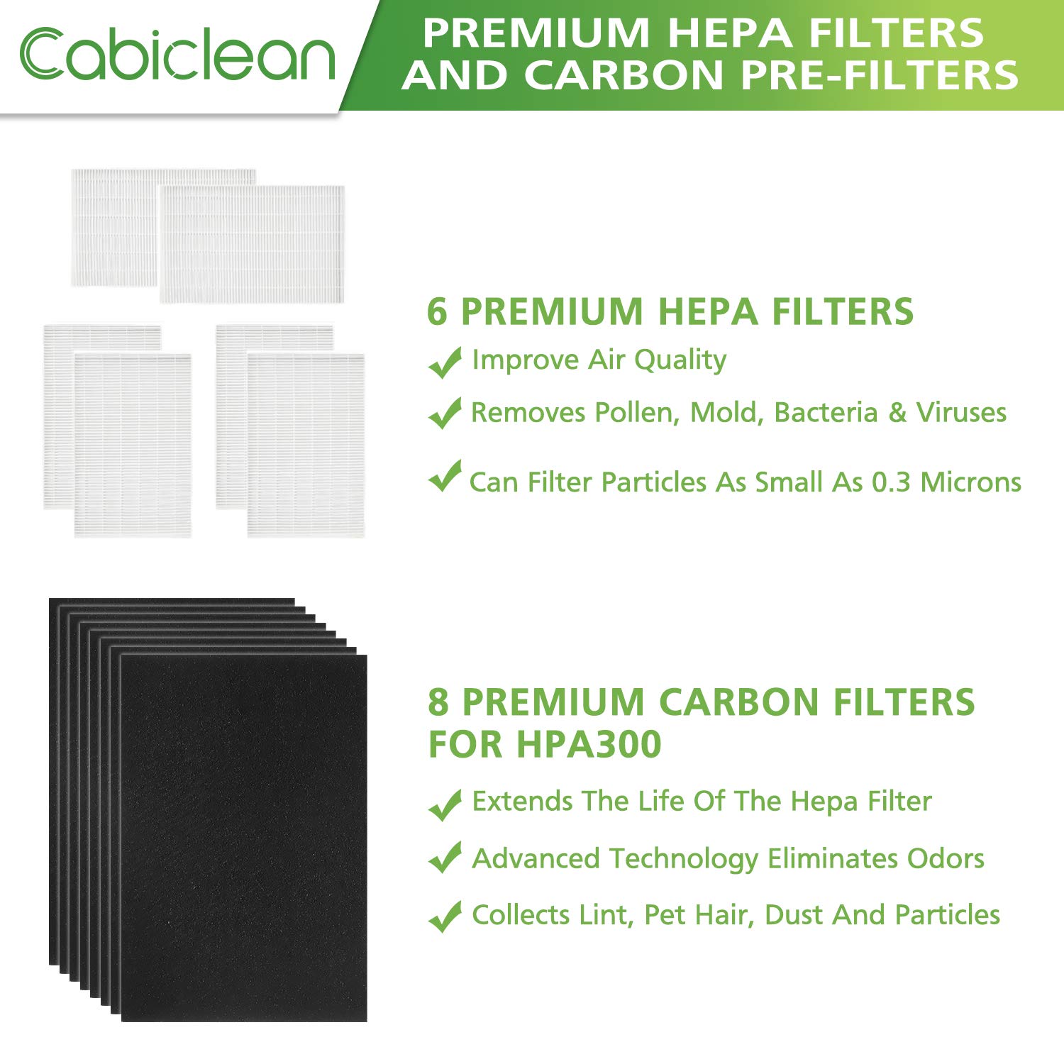 Cabiclean HEPA Filter R Compatible for HPA300 Honeywell Air Purifier Filters - Honeywell R Filter 6 Pack with 8 Pack Precut Activated Charcoal Pre Filters for Honeywell HPA300 & HRF-R3, HRF-R2, HRF-R1