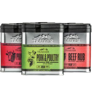 traeger grill holiday rub bundle: pork and poultry rub, prime rib seasoning and bbq rub, and beef seasoning and bbq rub