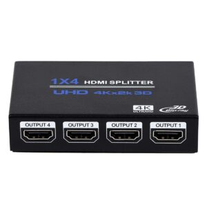 1x4 hdmi splitter, 1 in 4 out hdmi splitter audio video distributor box support 3d & 4k x 2k compatible for hdtv, stb, dvd, ps3, projector etc