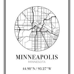 Minneapolis MN City Street Map Wall Art - 11x14 UNFRAMED Modern Abstract Black & White Aerial View Decor Print with Coordinates. Makes a great Minneapolis-Themed Gift.