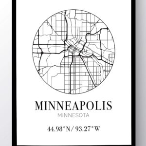 Minneapolis MN City Street Map Wall Art - 11x14 UNFRAMED Modern Abstract Black & White Aerial View Decor Print with Coordinates. Makes a great Minneapolis-Themed Gift.