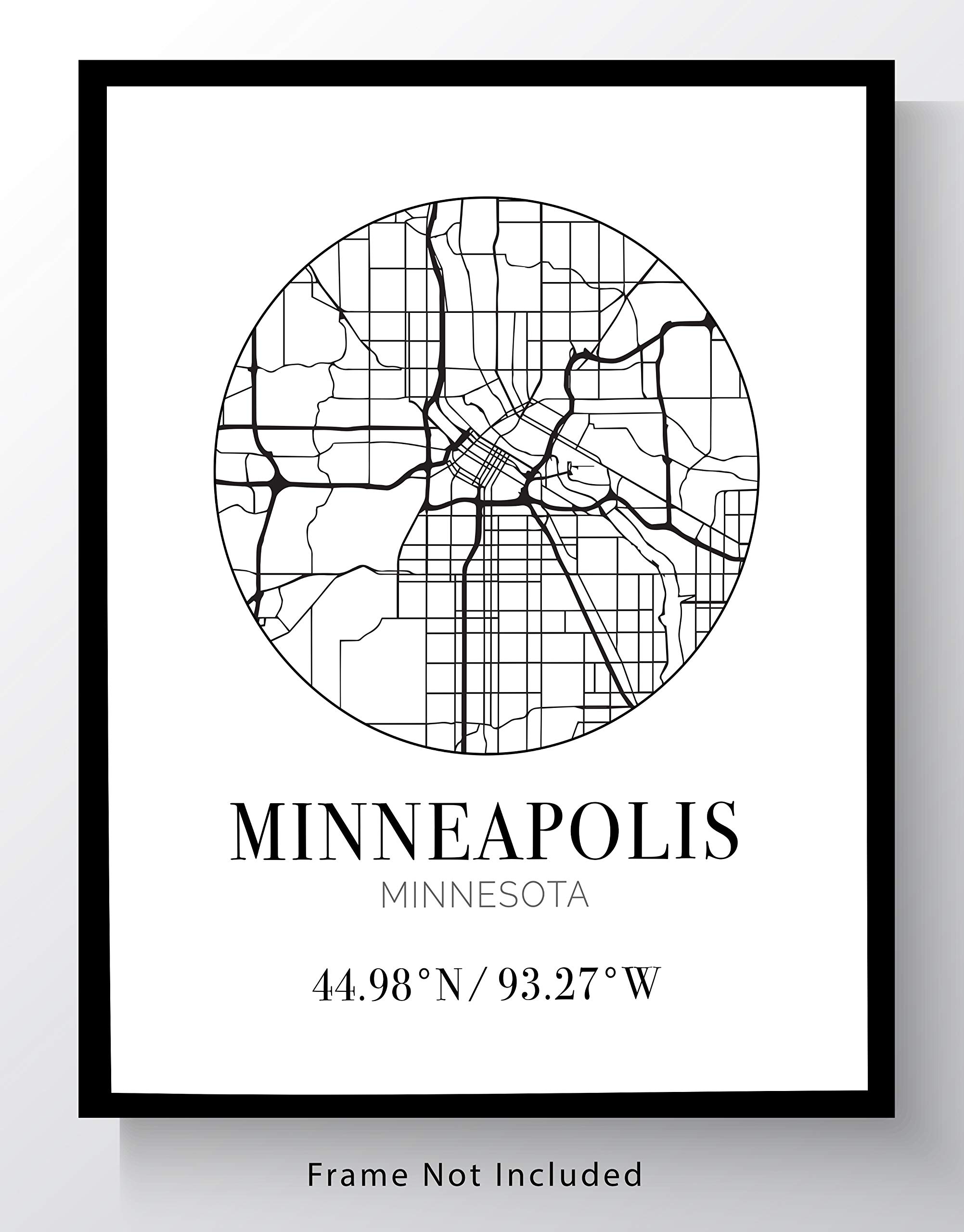 Minneapolis MN City Street Map Wall Art - 11x14 UNFRAMED Modern Abstract Black & White Aerial View Decor Print with Coordinates. Makes a great Minneapolis-Themed Gift.