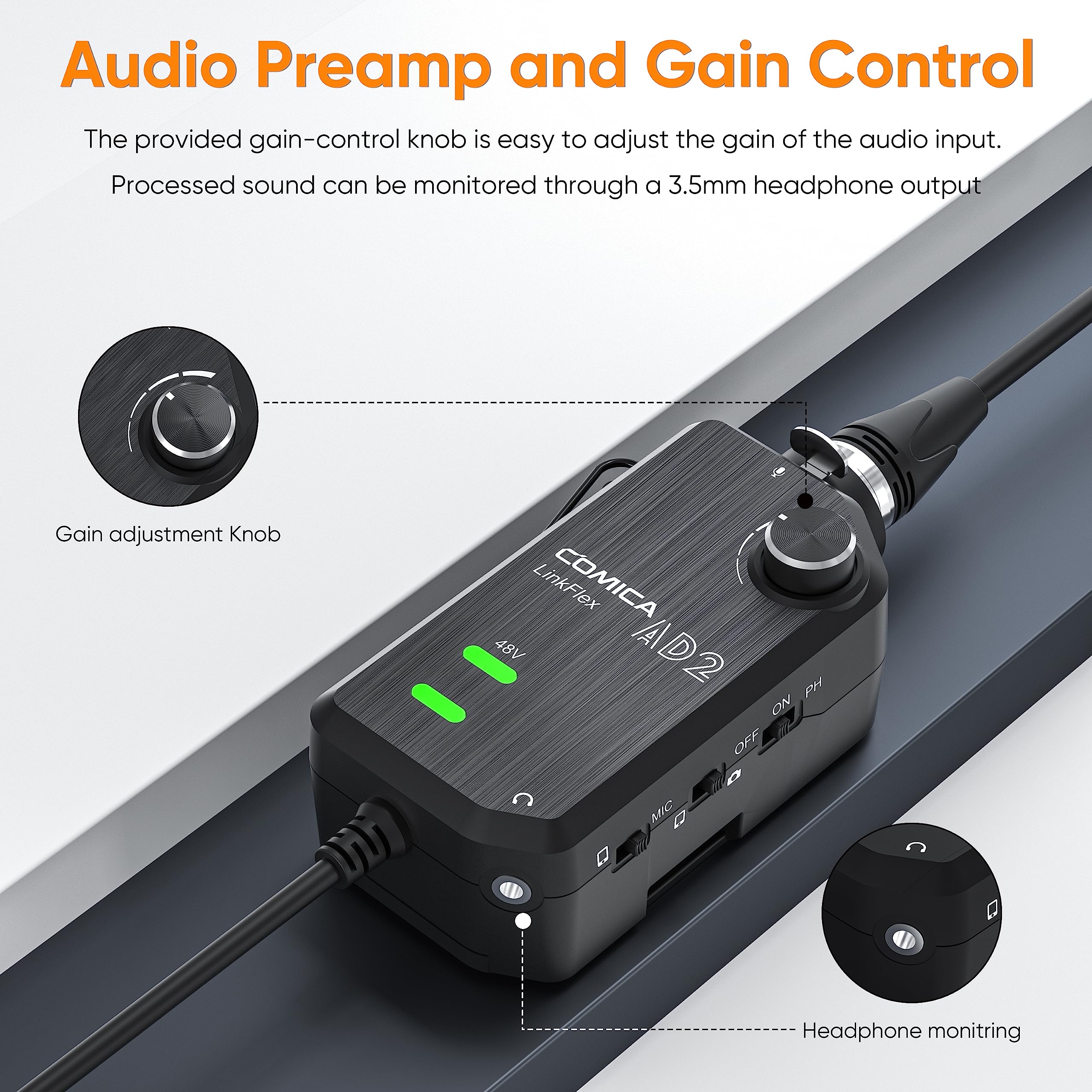 Audio Preamp Adapter, Comica LINKFLEX AD2 XLR/6.35mm Microphone Preamp Amplifier with 48V Phantom Power, Real-time Monitoring, Guitar Interface Adapter for iPhone, Android Smartphone, DSLR Cameras