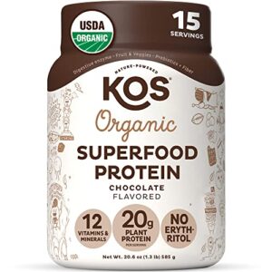 kos plant based protein powder, chocolate usda organic - low carb pea protein blend, vegan superfood with vitamins & minerals - keto, soy, dairy free - meal replacement for women & men - 15 servings