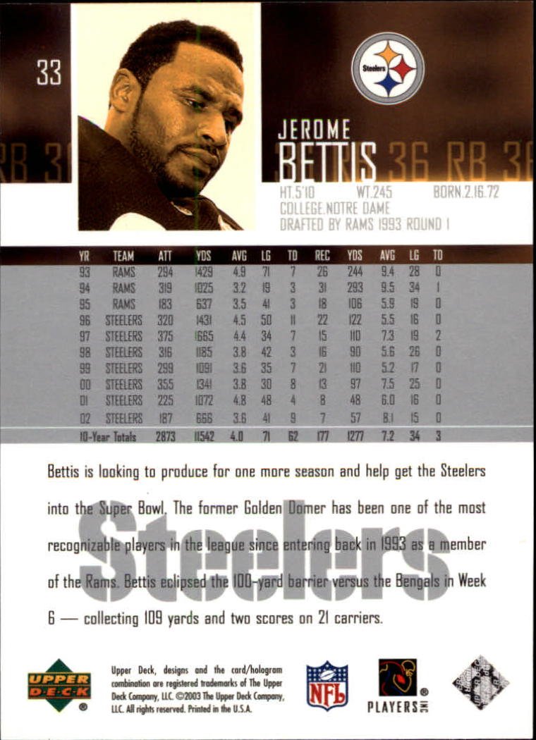 2003 Upper Deck #33 Jerome Bettis NFL Football Trading Card