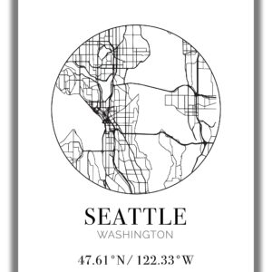 Seattle WA City Street Map Wall Art - 11x14 UNFRAMED Modern Abstract Black & White Aerial View Decor Print with Coordinates. Makes a great Seattle Washington-Themed Gift.