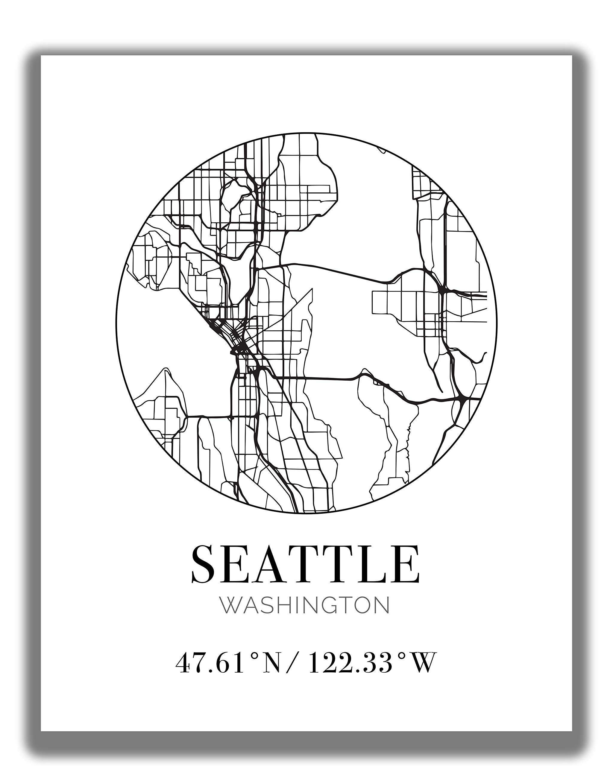 Seattle WA City Street Map Wall Art - 11x14 UNFRAMED Modern Abstract Black & White Aerial View Decor Print with Coordinates. Makes a great Seattle Washington-Themed Gift.