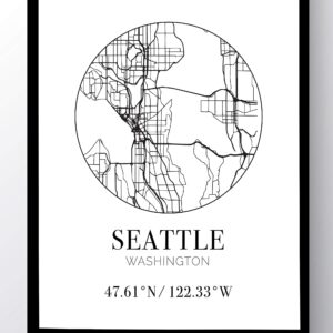 Seattle WA City Street Map Wall Art - 11x14 UNFRAMED Modern Abstract Black & White Aerial View Decor Print with Coordinates. Makes a great Seattle Washington-Themed Gift.