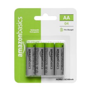 Amazon Basics 4-Pack Rechargeable AA NiMH High-Capacity Batteries, 2400 mAh, Recharge up to 400x Times, Pre-Charged