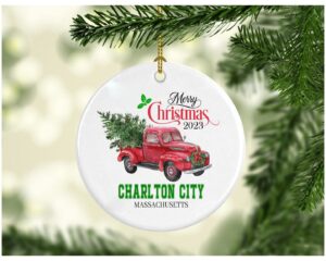 christmas decoration tree merry christmas 2023 charlton city massachusetts ornament funny gift xmas holiday as a family pretty rustic first christmas in our new home mdf plastic 3" white