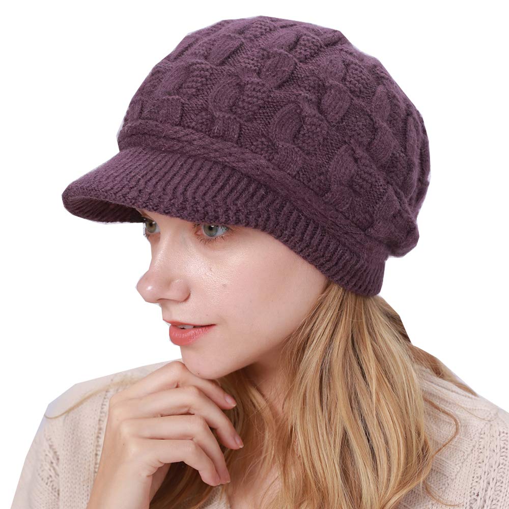 Winter Hats for Women Beanie Hat Warm Knitted Cap Rabbit Hair Fluffy Lining Caps with Visor Dark Purple