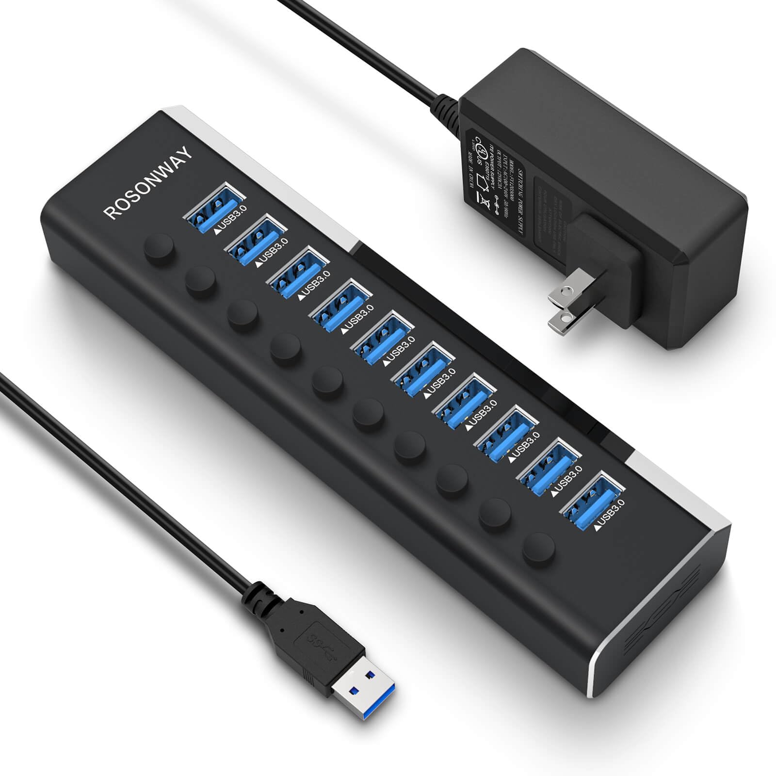 Powered USB Hub, Rosonway Aluminum 10 Port USB 3.0 Data Hub with 36W (12V/3A) Power Adapter and Individual On/Off Switches USB Splitter(RSH-A10)