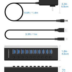 Powered USB Hub, Rosonway Aluminum 10 Port USB 3.0 Data Hub with 36W (12V/3A) Power Adapter and Individual On/Off Switches USB Splitter(RSH-A10)