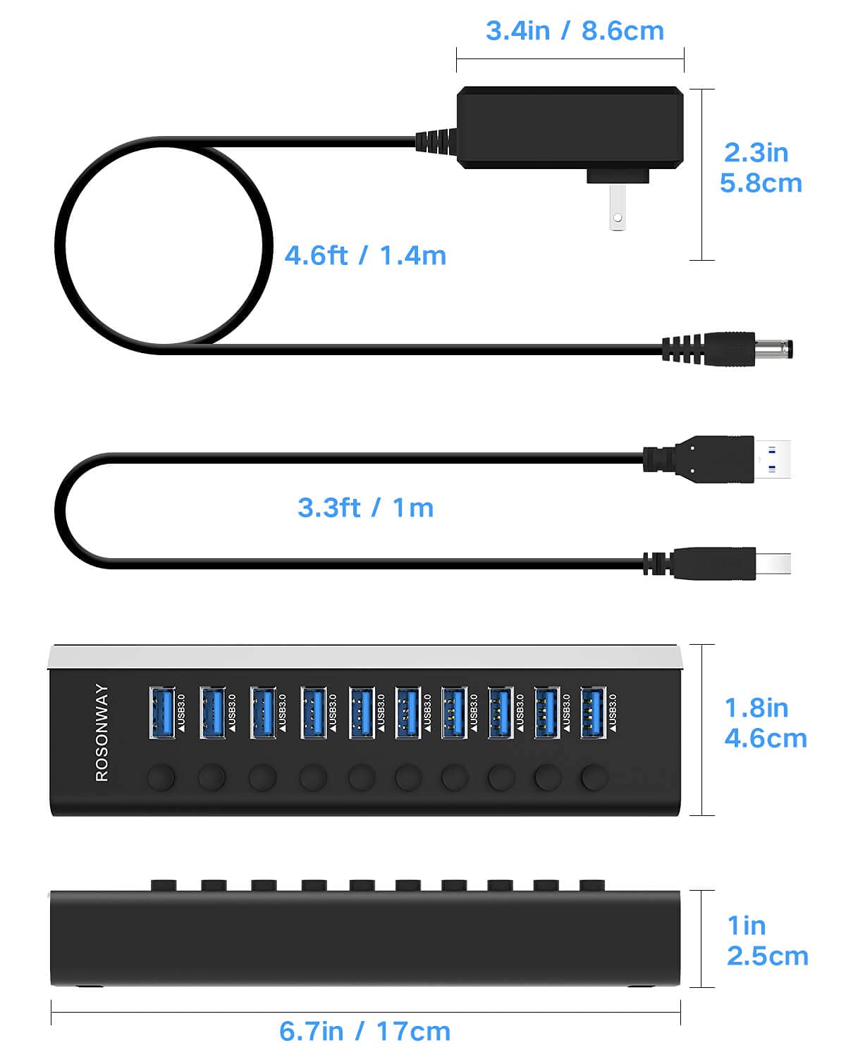 Powered USB Hub, Rosonway Aluminum 10 Port USB 3.0 Data Hub with 36W (12V/3A) Power Adapter and Individual On/Off Switches USB Splitter(RSH-A10)