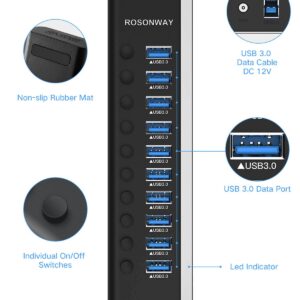 Powered USB Hub, Rosonway Aluminum 10 Port USB 3.0 Data Hub with 36W (12V/3A) Power Adapter and Individual On/Off Switches USB Splitter(RSH-A10)