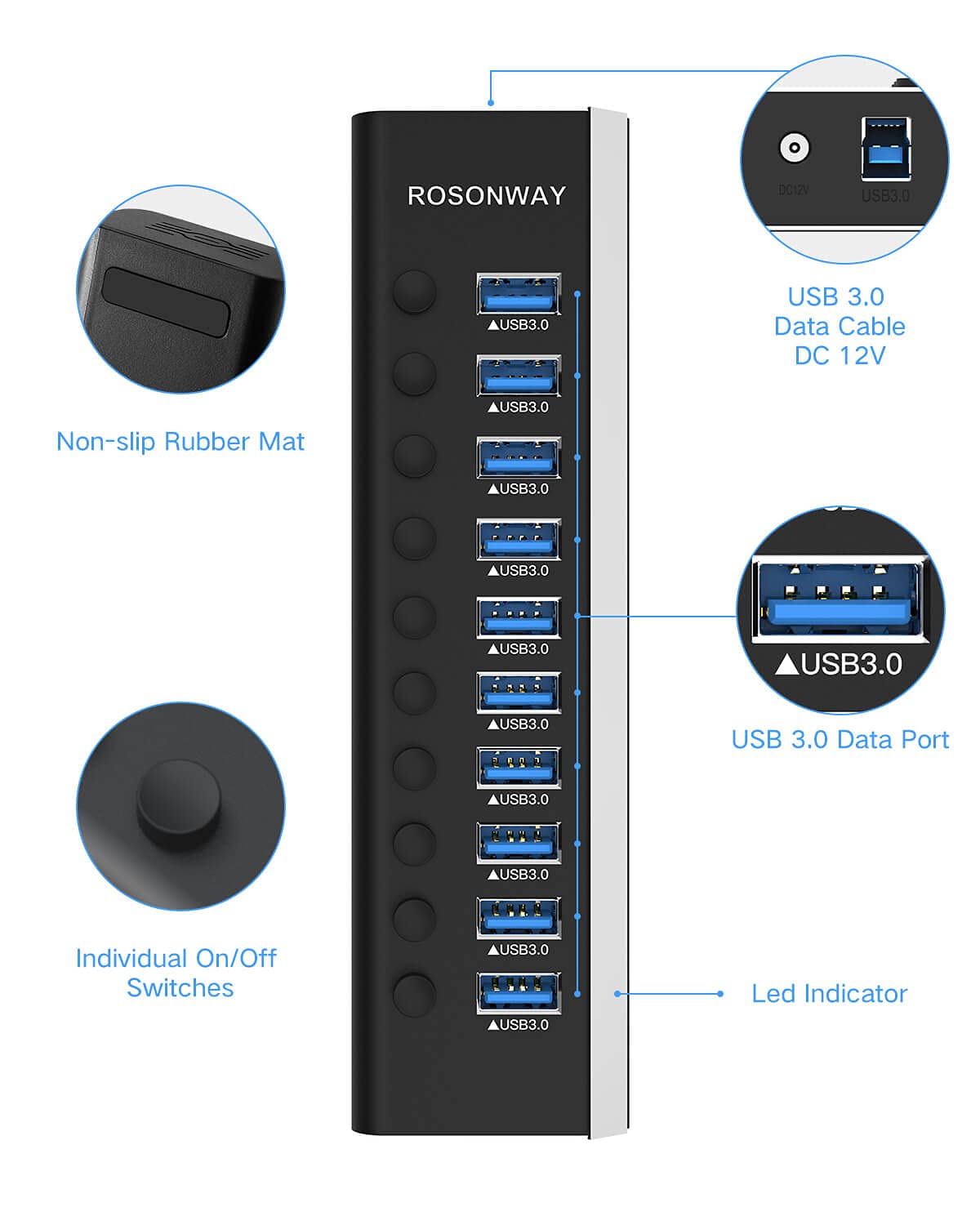 Powered USB Hub, Rosonway Aluminum 10 Port USB 3.0 Data Hub with 36W (12V/3A) Power Adapter and Individual On/Off Switches USB Splitter(RSH-A10)