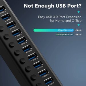 Powered USB Hub, Rosonway Aluminum 10 Port USB 3.0 Data Hub with 36W (12V/3A) Power Adapter and Individual On/Off Switches USB Splitter(RSH-A10)