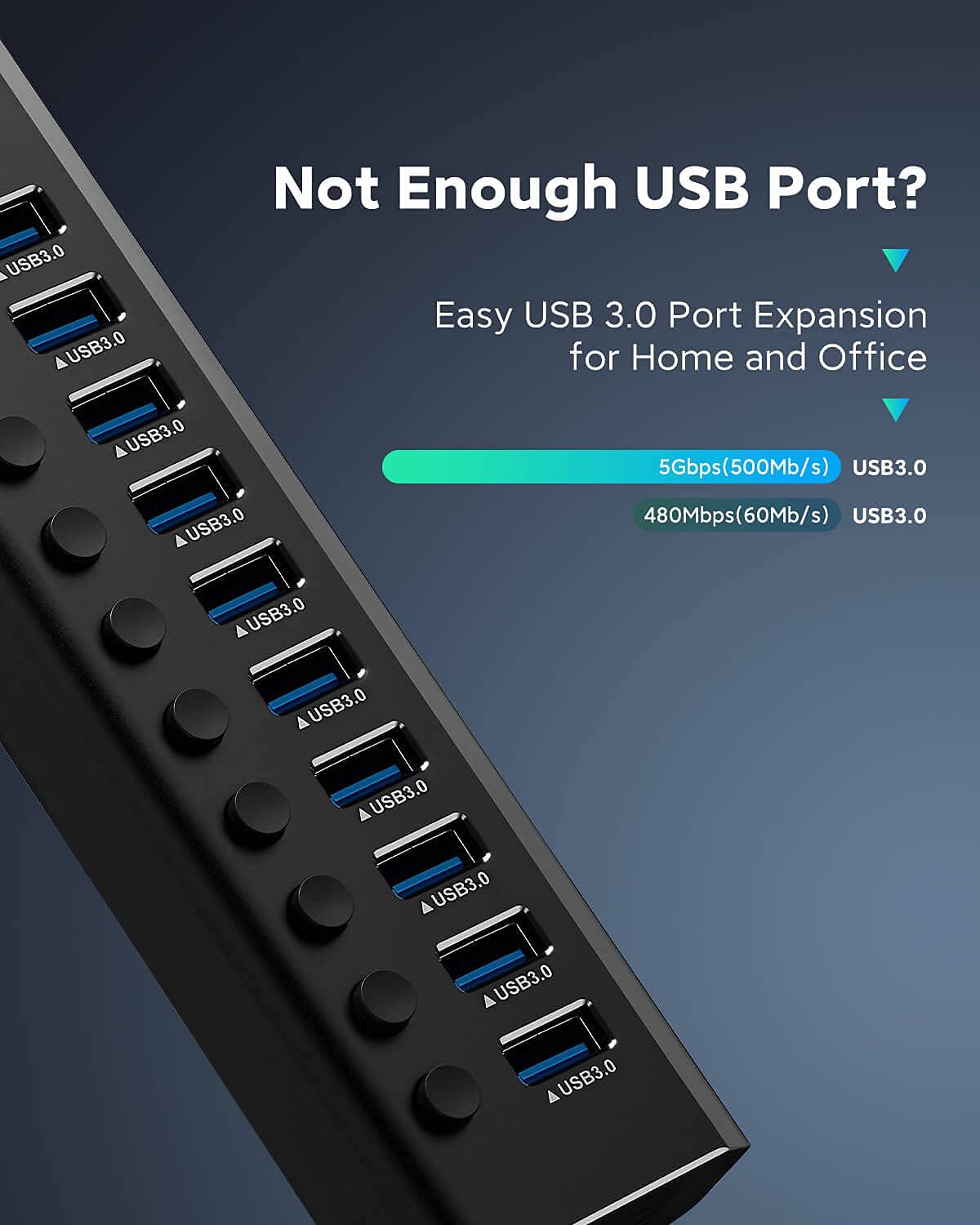 Powered USB Hub, Rosonway Aluminum 10 Port USB 3.0 Data Hub with 36W (12V/3A) Power Adapter and Individual On/Off Switches USB Splitter(RSH-A10)