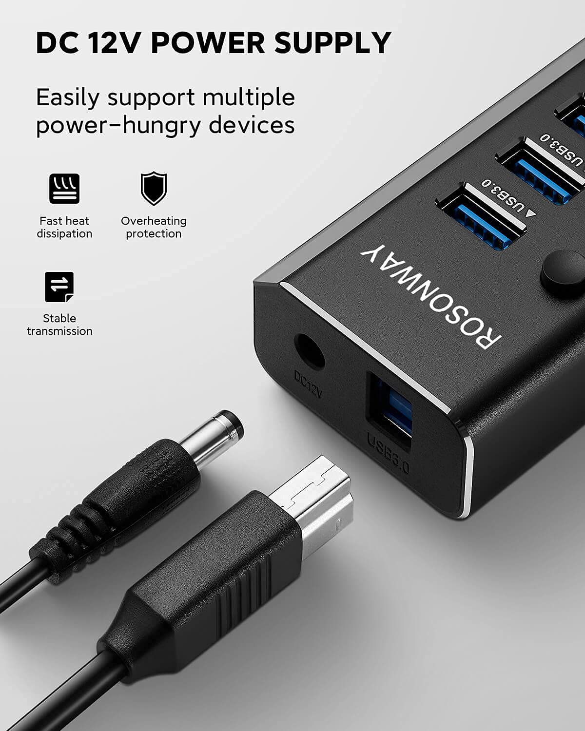 Powered USB Hub, Rosonway Aluminum 10 Port USB 3.0 Data Hub with 36W (12V/3A) Power Adapter and Individual On/Off Switches USB Splitter(RSH-A10)