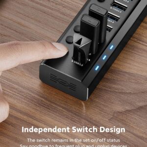 Powered USB Hub, Rosonway Aluminum 10 Port USB 3.0 Data Hub with 36W (12V/3A) Power Adapter and Individual On/Off Switches USB Splitter(RSH-A10)