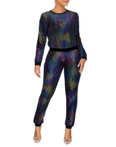 eosiedur 2 piece night clubwear outfit for women long sleeve top and metallic shiny pants glitter clubwear galaxy & colorful xxl