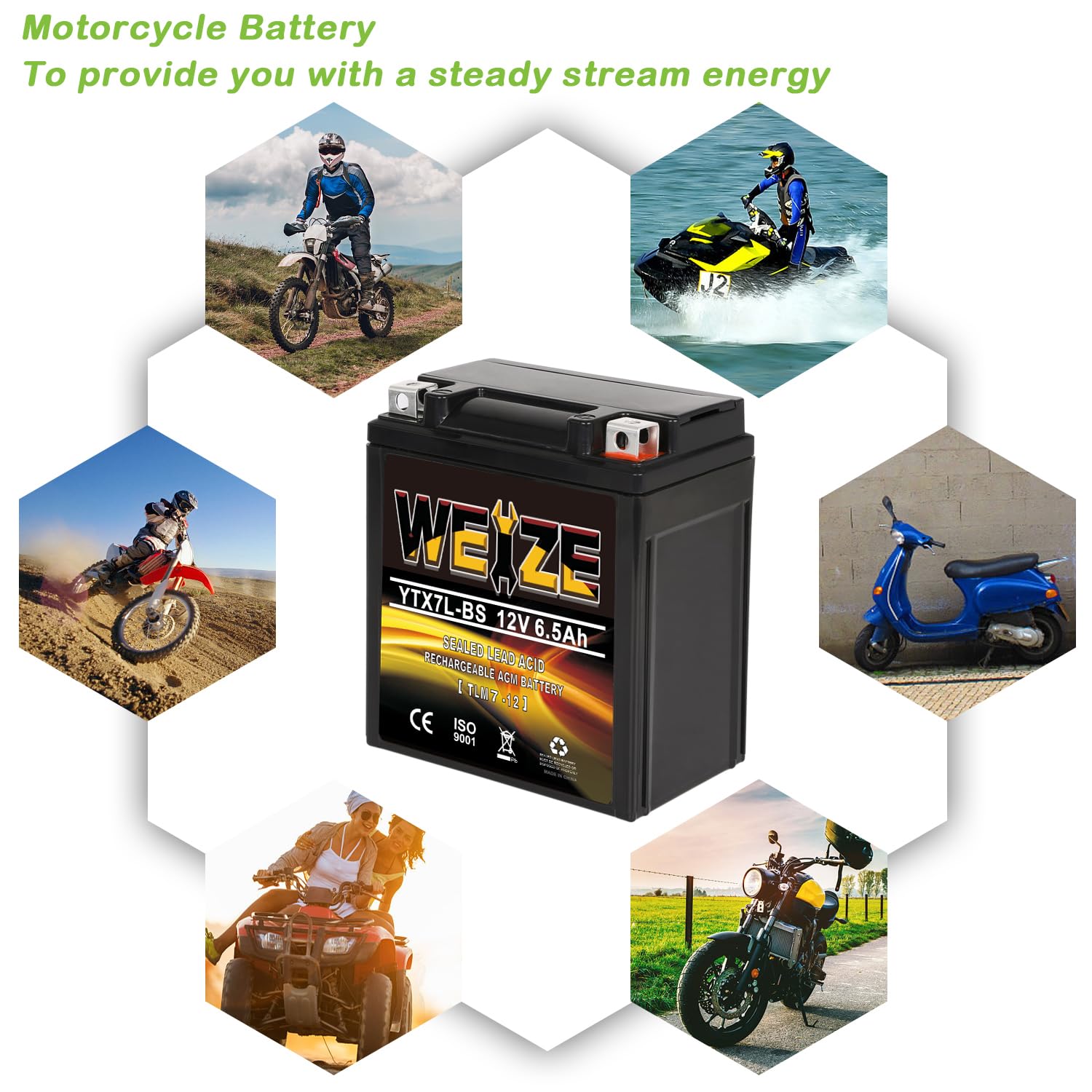 Weize YTX7L BS 100CCA ATV Battery High Performance - Maintenance Free - Sealed AGM YTX7L-BS Motorcycle Battery compatible with Honda Kawasaki Suzuki