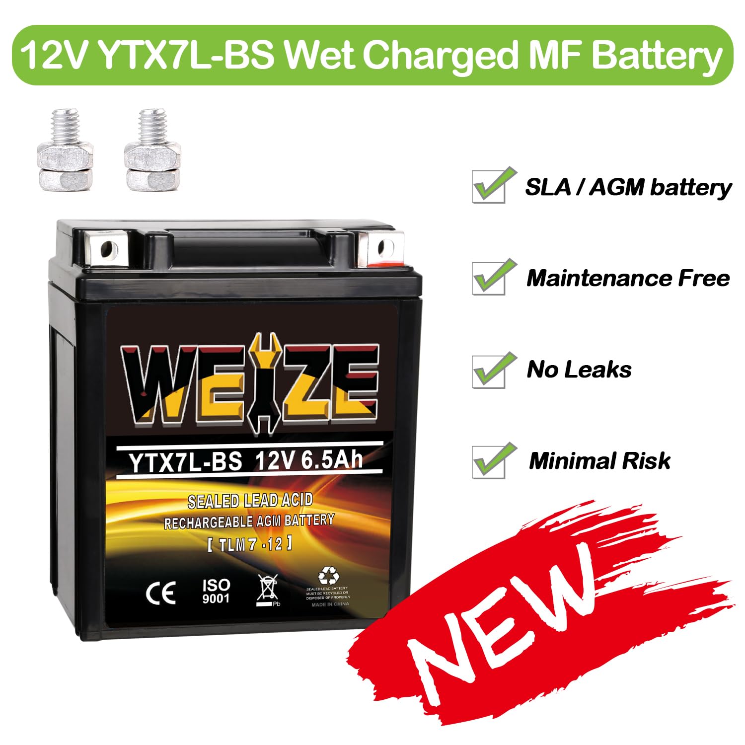 Weize YTX7L BS 100CCA ATV Battery High Performance - Maintenance Free - Sealed AGM YTX7L-BS Motorcycle Battery compatible with Honda Kawasaki Suzuki