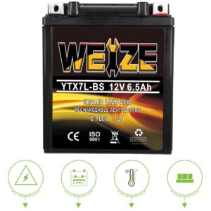 Weize YTX7L BS 100CCA ATV Battery High Performance - Maintenance Free - Sealed AGM YTX7L-BS Motorcycle Battery compatible with Honda Kawasaki Suzuki